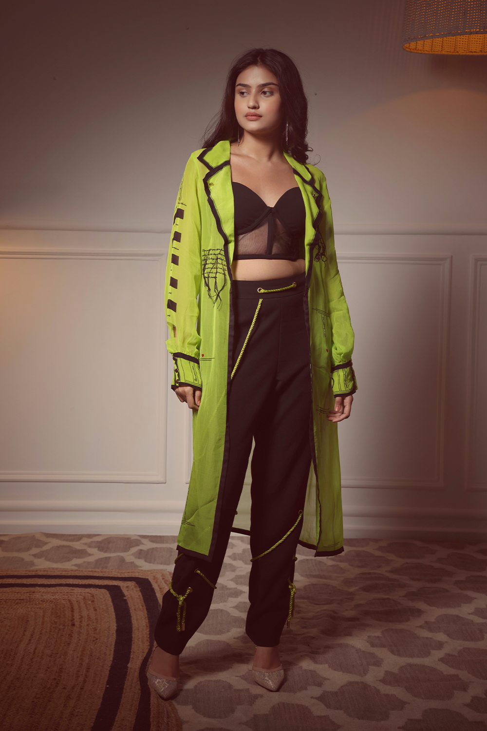 Cover-up jacket with text detail, corset, wrapped rope pant